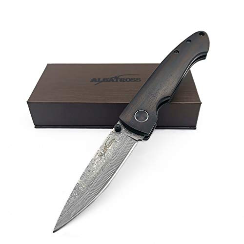 ALBATROSS HGDK005 Black Classic EDC Damascus Folding Pocket Knife, Ebony Wood Handle-Gifts/Collections