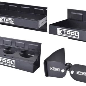 K Tool International 72462A Magnetic Toolbox Shelf, Tray, and Holder Set for Garages, Repair Shops, and DIY, Rubber Coated Magnets, (2) Trays, (1) Paper Towel and Spray Can Holders, Black, 4-Piece