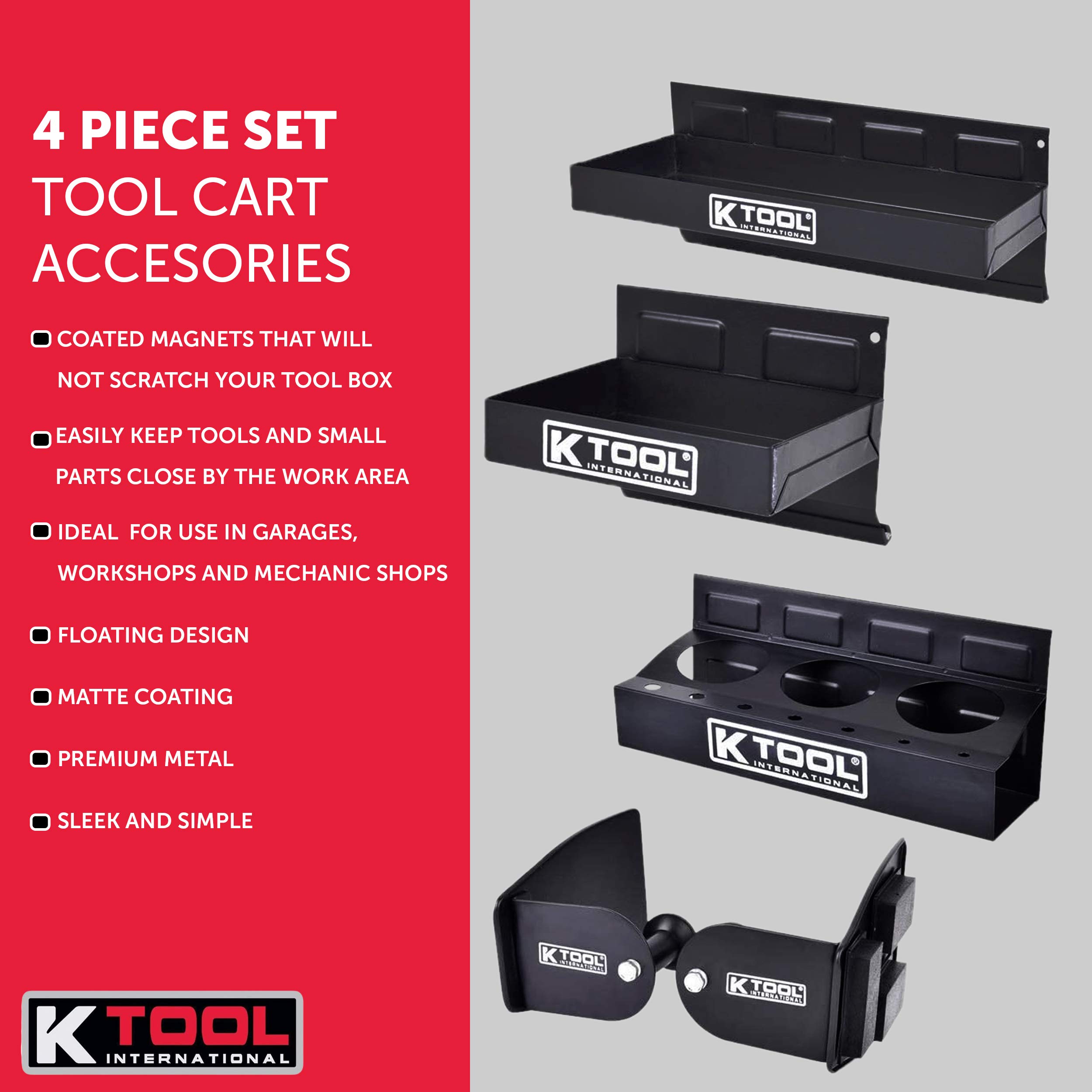 K Tool International 72462A Magnetic Toolbox Shelf, Tray, and Holder Set for Garages, Repair Shops, and DIY, Rubber Coated Magnets, (2) Trays, (1) Paper Towel and Spray Can Holders, Black, 4-Piece