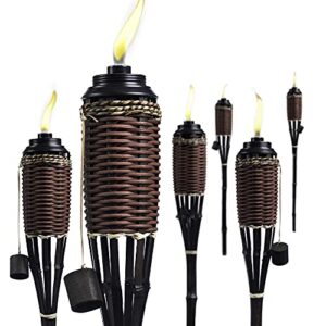 backyadda bamboo tiki torches for outside with extra-large (16oz) metal canisters and fiberglass wicks for longer lasting burn. stands 59" tall. multiple styles available. (burnt sienna, 6 pack)