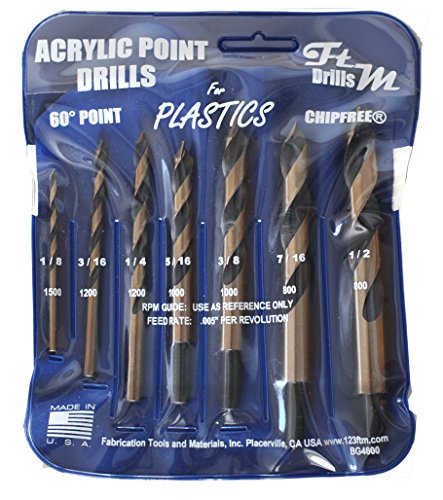 Drill Bits for Plastic (Acrylic, plexiglass, ABS, lexan, Polycarbonate, PVC) Norseman 7pc Acrylic Point Drill Set in Vinyl Pouch. Includes 1/8", 3/16", 1/4", 5/16", 3/8", 7/16", and 1/2" Part BG4600