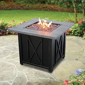 Endless Summer, 30" Square Outdoor Propane Fire Pit with Wood Grain Printed Mantel