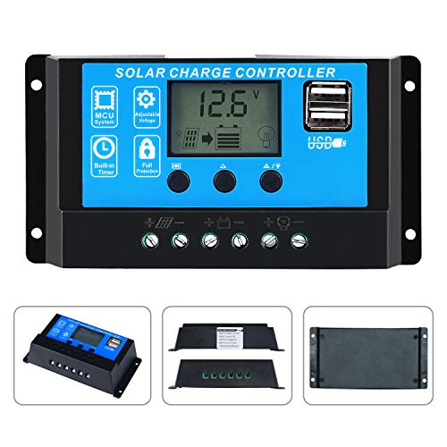 GCSOAR PWM Solar Charge Controller 10A 12V 24V Auto Work Max PV Solar Panel 100W/300W Solar Regulator with Dual 5V USB Ports LCD Display Overload Protection Timer Setting ON/Off (GC1024)