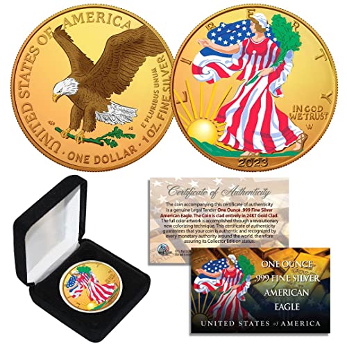 Combo 24K Gold Gilded/Color 2017 American Silver Eagle 1 Oz .999 Coin w/Box