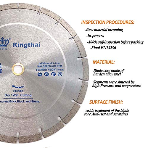 Kingthai 10 Inch Wet Dry Segmented Cutting Concrete Diamond Saw Blade for Masonry with 25.4mm Arbor