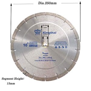 Kingthai 10 Inch Wet Dry Segmented Cutting Concrete Diamond Saw Blade for Masonry with 25.4mm Arbor