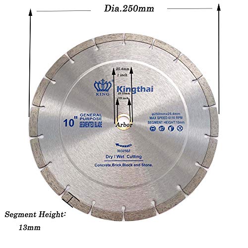 Kingthai 10 Inch Wet Dry Segmented Cutting Concrete Diamond Saw Blade for Masonry with 25.4mm Arbor