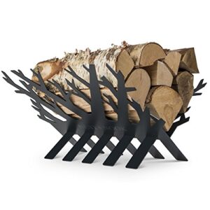 rustic fireplace log and wood holder - indoor, outdoor, patio - gunmetal grey decorative holders - weather- resistant storage rack for firewood and kindling - artistic tree design…