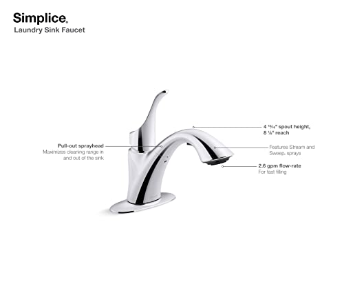 KOHLER K-22035-CP Simplice Laundry Sink Faucet, Single Handle, Pull Down Faucet , 2-function Spray Head, 3-hole Install, Utility Sink Faucet in Polished Chome