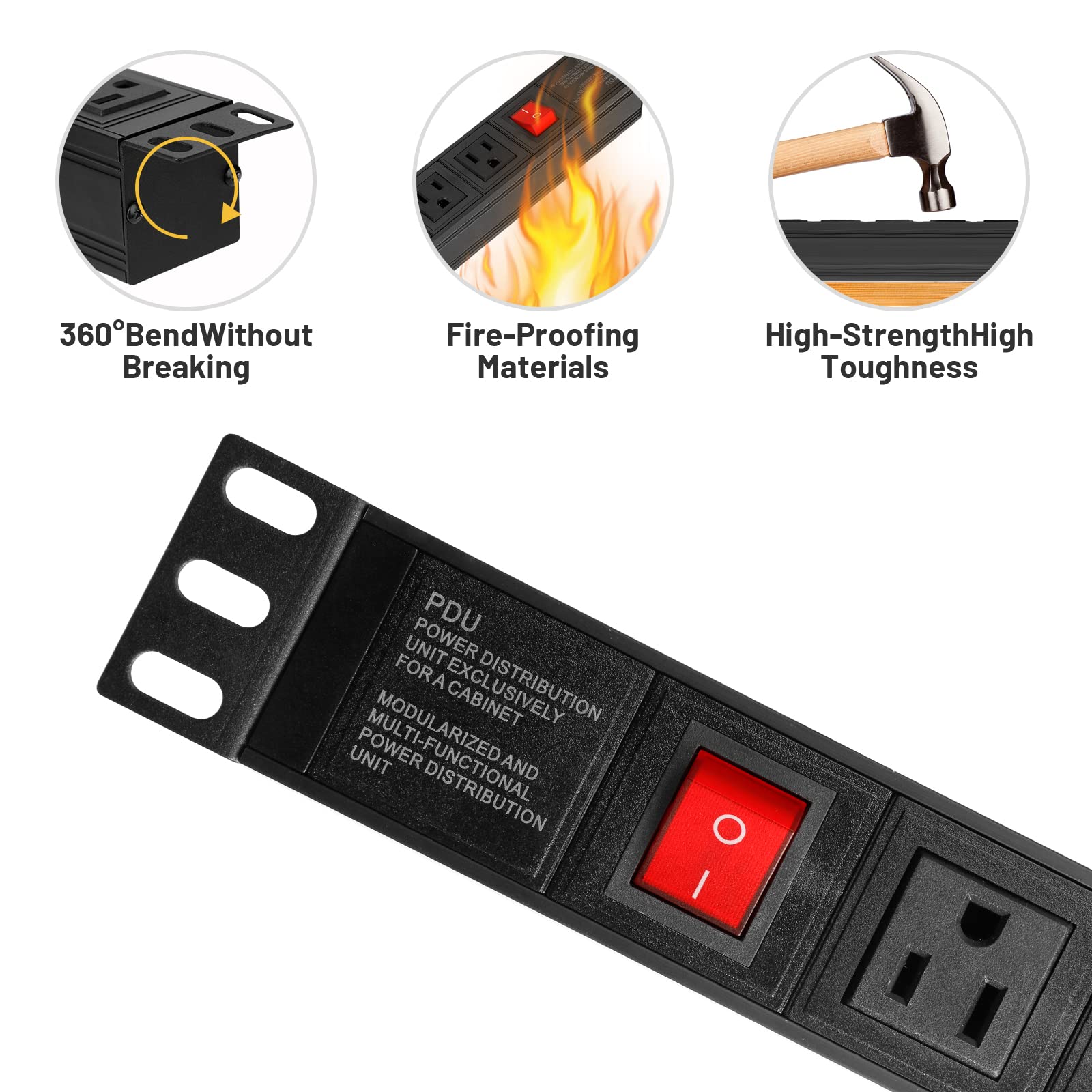 BTU Power Strip Surge Protector Rack-Mount PDU, 8 Right Angle Outlets Wide-Spaced, Mountable Power Strip Heavy Duty for Server Racks, Commercial, 300J (Black 6FT)