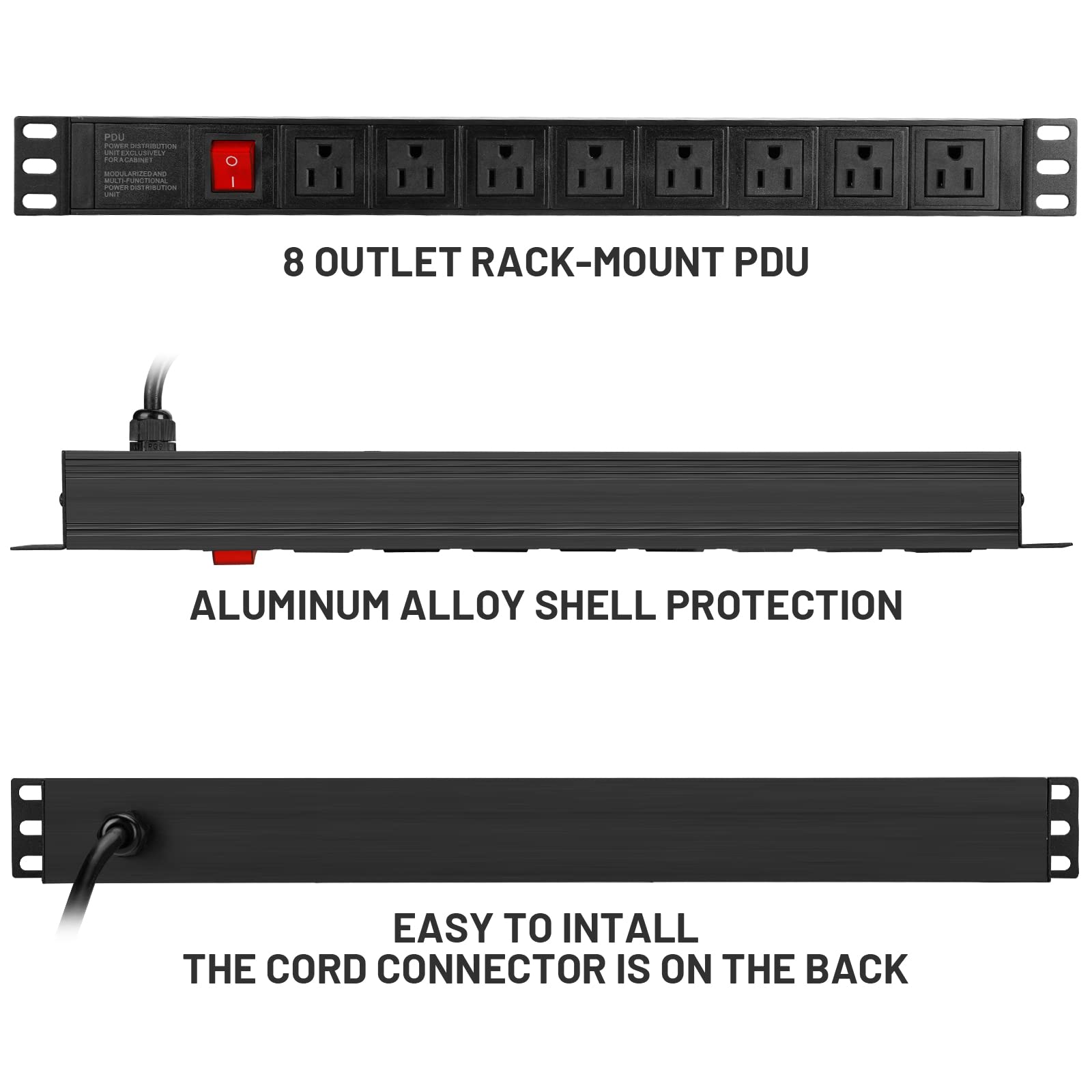 BTU Power Strip Surge Protector Rack-Mount PDU, 8 Right Angle Outlets Wide-Spaced, Mountable Power Strip Heavy Duty for Server Racks, Commercial, 300J (Black 6FT)