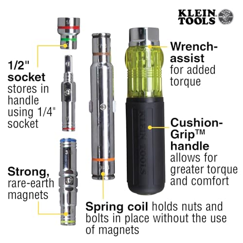 Klein Tools 32807MAG 7-in-1 Nut Driver, Magnetic Driver has SAE Hex Nut Sizes 1/4 to 9/16-Inch, Cushion Grip Handle for Added Torque