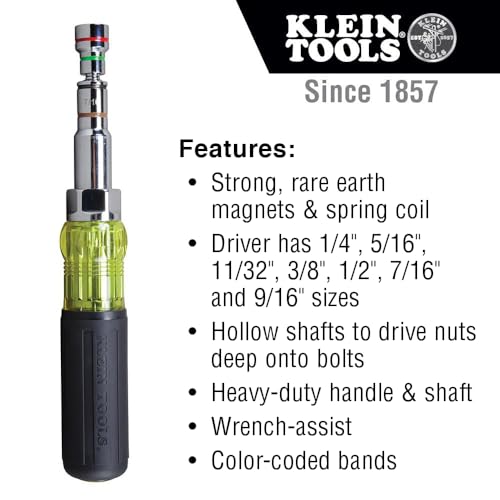 Klein Tools 32807MAG 7-in-1 Nut Driver, Magnetic Driver has SAE Hex Nut Sizes 1/4 to 9/16-Inch, Cushion Grip Handle for Added Torque