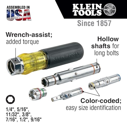 Klein Tools 32807MAG 7-in-1 Nut Driver, Magnetic Driver has SAE Hex Nut Sizes 1/4 to 9/16-Inch, Cushion Grip Handle for Added Torque