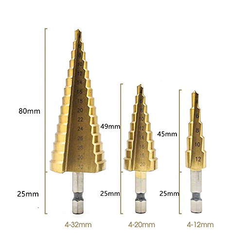 3pcs 4-12/20/32mm Step Drill Bits High Speed Steel Cone Titanium Coated Tool Sets Hole Metal Cutter