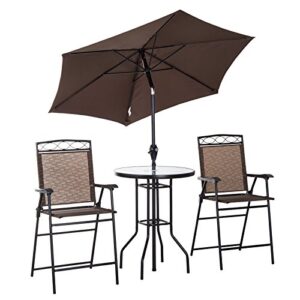 outsunny 4 piece outdoor patio dining furniture set, 2 folding chairs, adjustable angle umbrella, wave textured tempered glass dinner table, brown