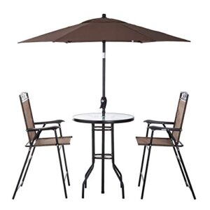 Outsunny 4 Piece Outdoor Patio Dining Furniture Set, 2 Folding Chairs, Adjustable Angle Umbrella, Wave Textured Tempered Glass Dinner Table, Brown