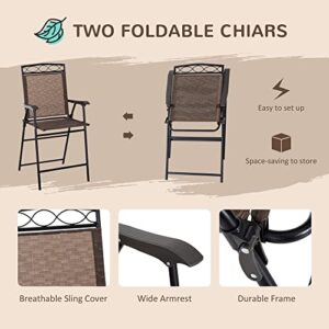 Outsunny 4 Piece Outdoor Patio Dining Furniture Set, 2 Folding Chairs, Adjustable Angle Umbrella, Wave Textured Tempered Glass Dinner Table, Brown