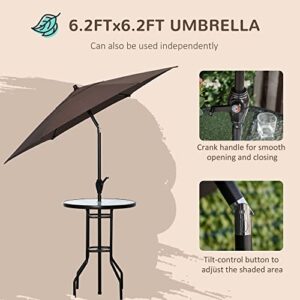 Outsunny 4 Piece Outdoor Patio Dining Furniture Set, 2 Folding Chairs, Adjustable Angle Umbrella, Wave Textured Tempered Glass Dinner Table, Brown