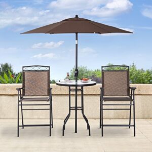 Outsunny 4 Piece Outdoor Patio Dining Furniture Set, 2 Folding Chairs, Adjustable Angle Umbrella, Wave Textured Tempered Glass Dinner Table, Brown