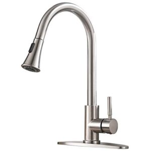 kingo home modern commercial high arc stainless steel single lever handle pull down sprayer brushed nickel kitchen faucet, kitchen sink faucet with deck plate