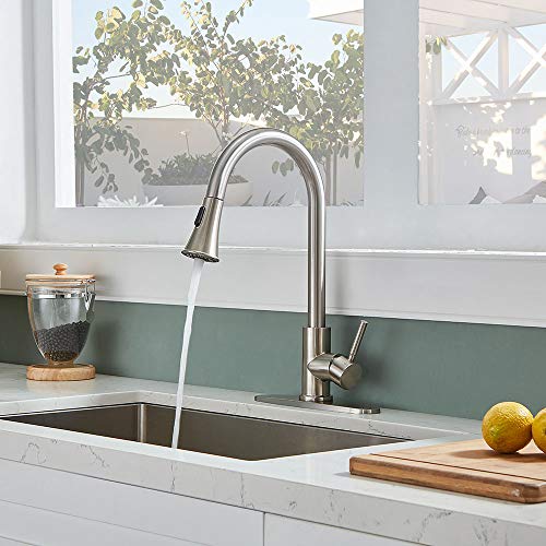 KINGO HOME Modern Commercial High Arc Stainless Steel Single Lever Handle Pull Down Sprayer Brushed Nickel Kitchen Faucet, Kitchen Sink Faucet with Deck Plate