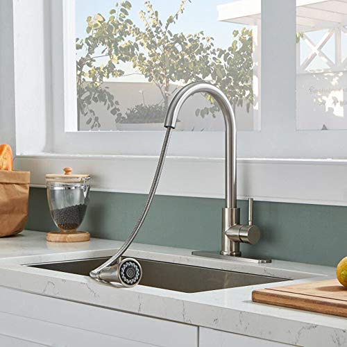 KINGO HOME Modern Commercial High Arc Stainless Steel Single Lever Handle Pull Down Sprayer Brushed Nickel Kitchen Faucet, Kitchen Sink Faucet with Deck Plate