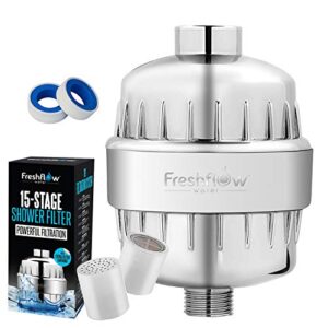 shower filter hard water softener | bonus cartridge - also filters out chlorine, fluoride, iron through 15 stage filtered system - universal head purifier also adds vitamin c for skin and hair health