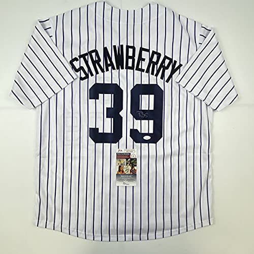 Autographed/Signed Darryl Strawberry New York Pinstripe Baseball Jersey JSA COA