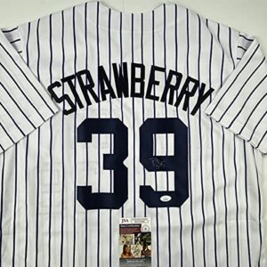 Autographed/Signed Darryl Strawberry New York Pinstripe Baseball Jersey JSA COA