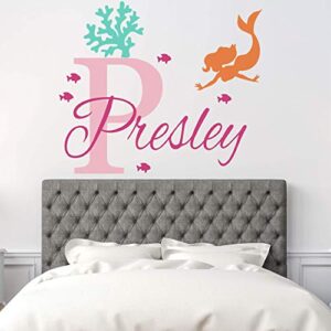 custom name mermaid wall decal - girls personalized name mermaid and fish wall sticker - custom name sign - custom name stencil monogram - baby girl nursery room wall decor