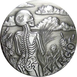 skullcoins virgo - 2015 memento mori zodiac series #8 - 1 oz antique finish silver round - low mintage of only 500 pieces