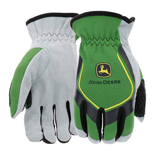 John Deere Men's Split Cowhide Leather Palm Gloves, Cut Resistant, Keystone Thumb, Flexible Fit, Green/Black, 2X-Large (JD00035-2XL)