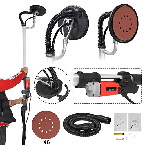 BBBuy 800W Drywall Sander Commercial Electric Sander with 6 Pcs Sanding Pads Discs Adjustable Variable Speed 1000-2000 RPM Wall Sander with Extendable Handle