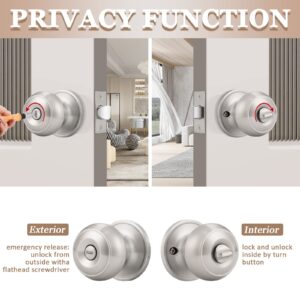 Probrico 8 Pack Interior Privacy Door Knobs Keyless Door Lock Lockset Round Doorknobs in Satin Nickel Door Locks for Bedrooms and Bathrooms Adjustable Latch Backset