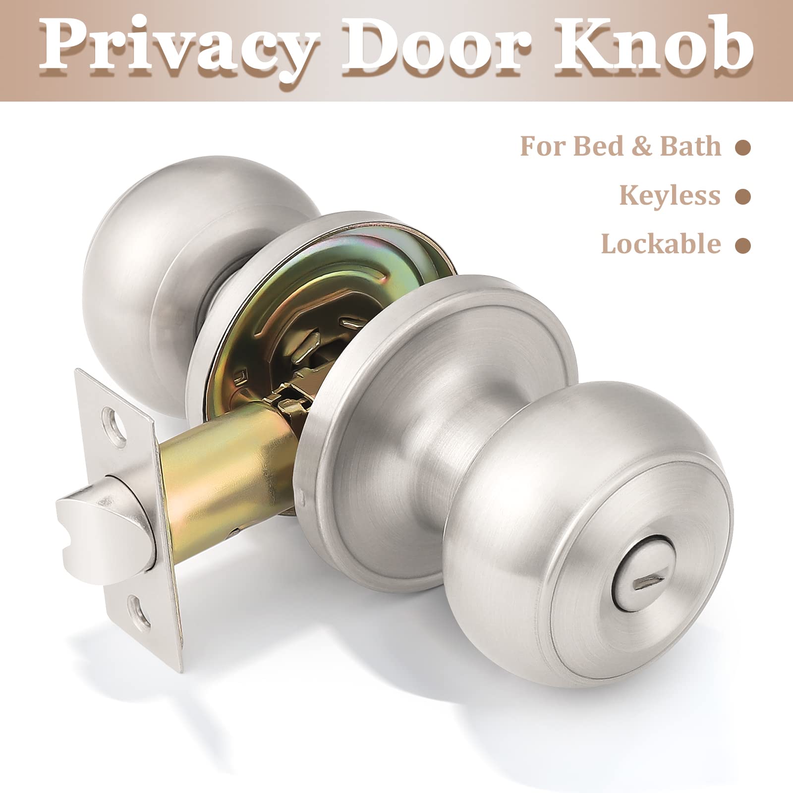 Probrico 8 Pack Interior Privacy Door Knobs Keyless Door Lock Lockset Round Doorknobs in Satin Nickel Door Locks for Bedrooms and Bathrooms Adjustable Latch Backset