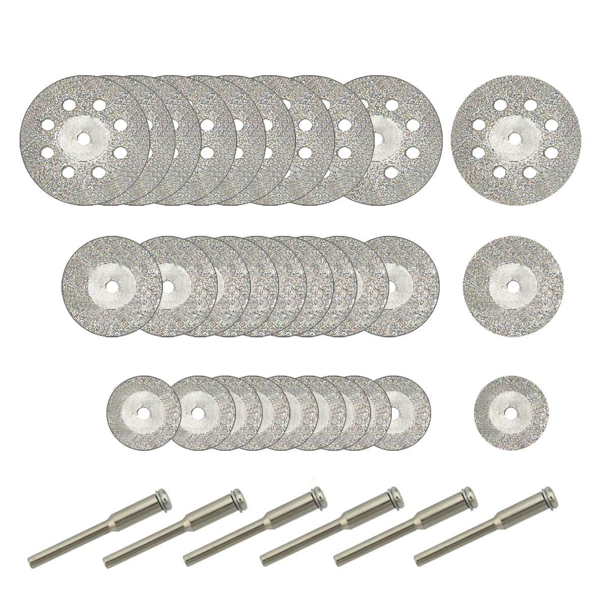 Hamineler 30 Pcs Diamond Cutting Wheel (25mm/20mm/16mm Each 10), Diamond Coated Cutting Wheel and 6pcs 3mm Mandrel for Rotary Tool