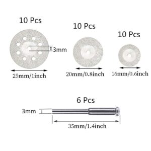 Hamineler 30 Pcs Diamond Cutting Wheel (25mm/20mm/16mm Each 10), Diamond Coated Cutting Wheel and 6pcs 3mm Mandrel for Rotary Tool