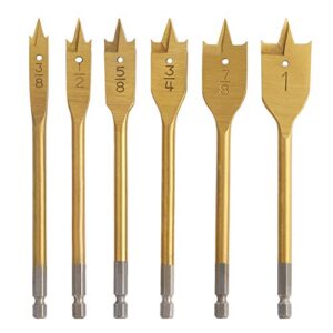 comoware spade drill bit set- paddle flat bits, hole cutter, titanium coating, carbon steel, woodworking, 6-pieces, 3/8"-1"