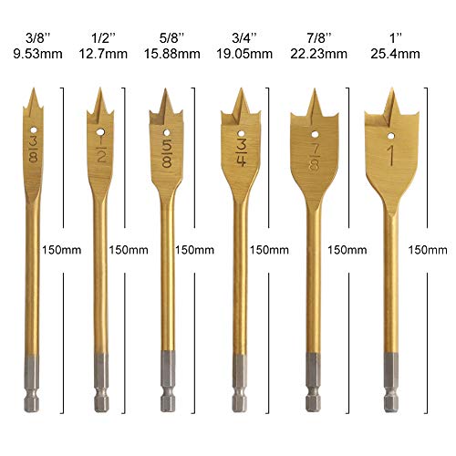 COMOWARE Spade Drill Bit Set- Paddle Flat Bits, Hole Cutter, Titanium Coating, Carbon Steel, Woodworking, 6-Pieces, 3/8"-1"