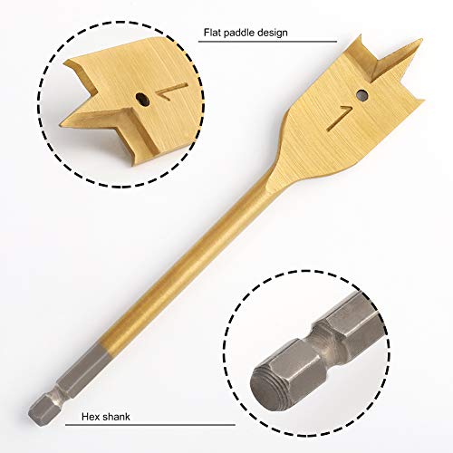 COMOWARE Spade Drill Bit Set- Paddle Flat Bits, Hole Cutter, Titanium Coating, Carbon Steel, Woodworking, 6-Pieces, 3/8"-1"