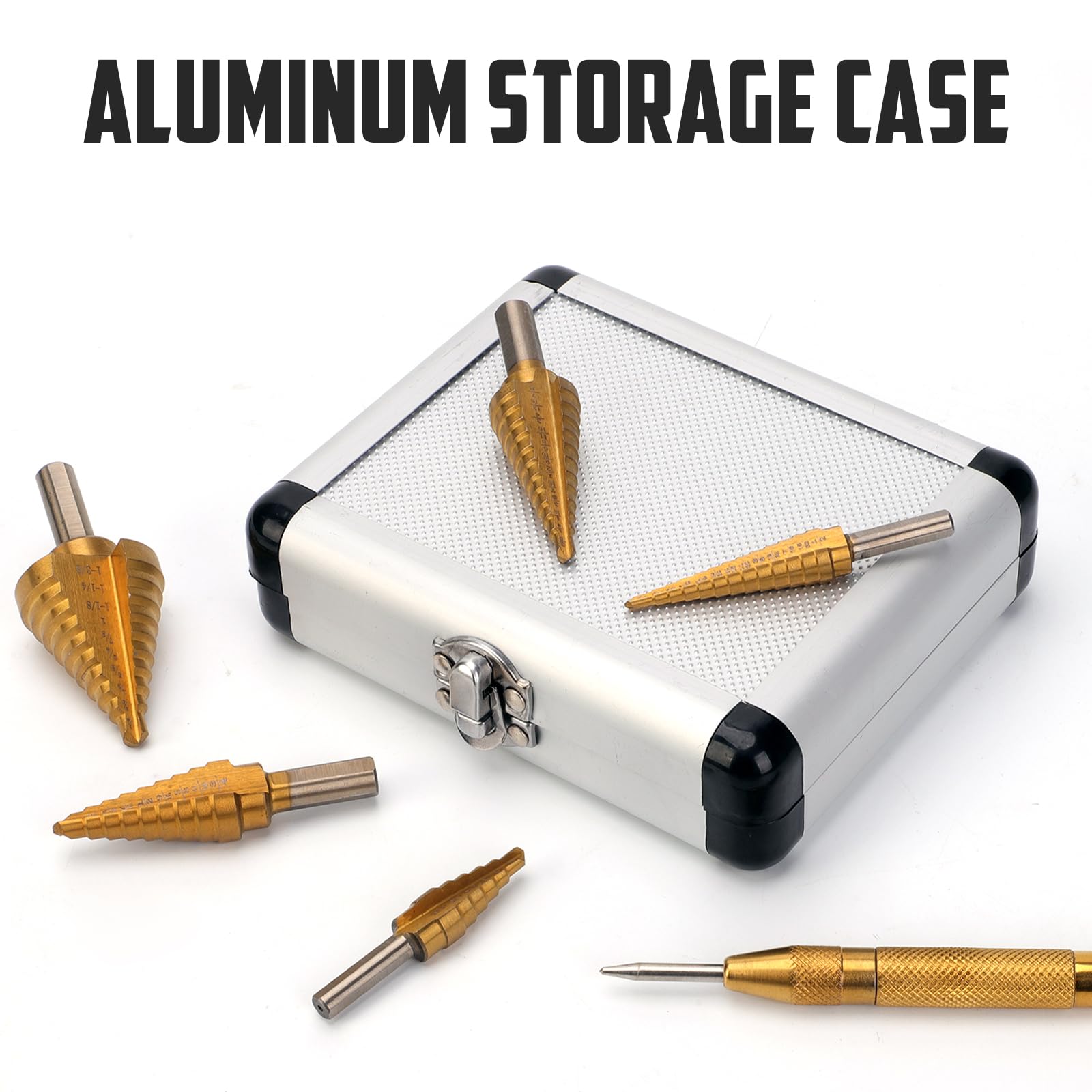 COMOWARE Step Drill Bit Set 5-Piece Titanium-Coated with Automatic Center Punch - Short Length, Double Cutting Blades, High-Speed Steel - Covering 50 Sizes, Complete with Aluminum Case