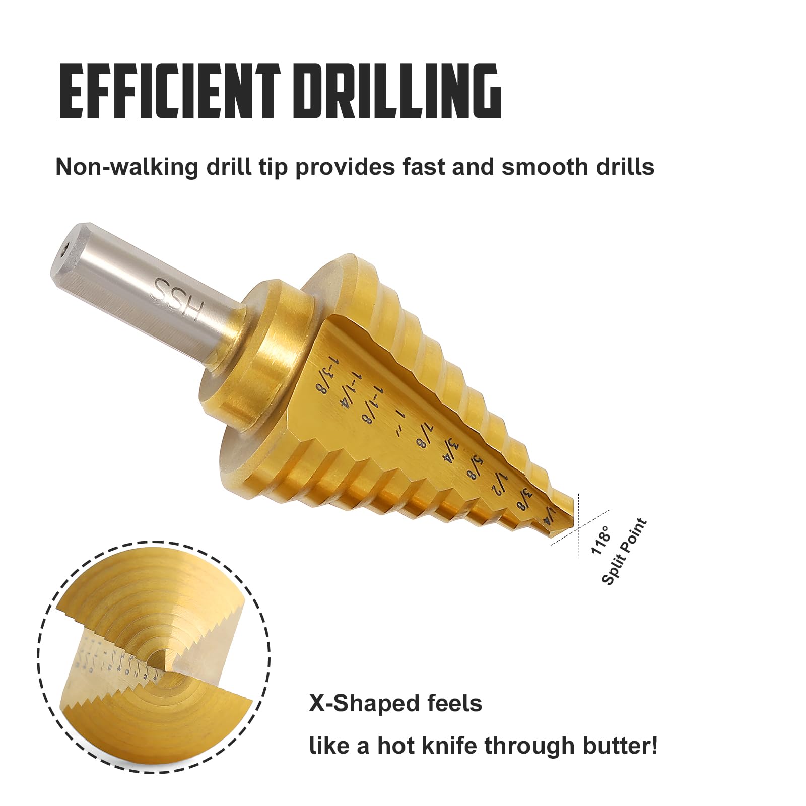 COMOWARE Step Drill Bit Set 5-Piece Titanium-Coated with Automatic Center Punch - Short Length, Double Cutting Blades, High-Speed Steel - Covering 50 Sizes, Complete with Aluminum Case