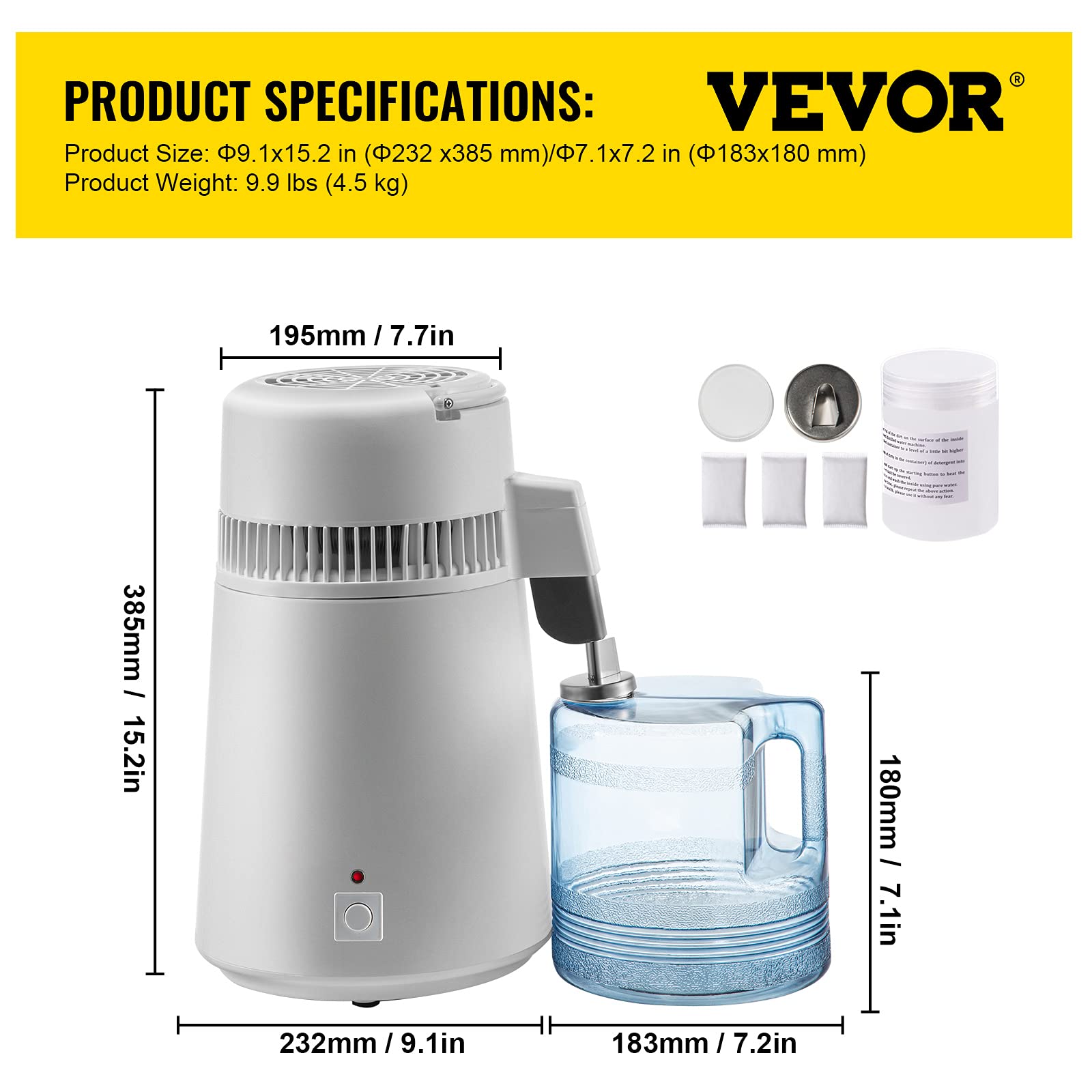 VEVOR 1.1 Gal Water Distiller, 750W Distilled Water Machine, 4L Distilling Pure Water Machine w/Plastic Container, Water Distillation Kit w/Button, Countertop Distilled Water Maker for Home (White)