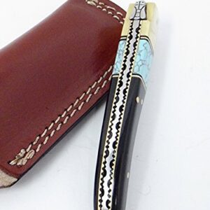 Made in Ancient Persian Indus Valley Damascus Knives Laguiole Style Pocket Knife Ram Horn & Turquoise Handle With Leather Sheath