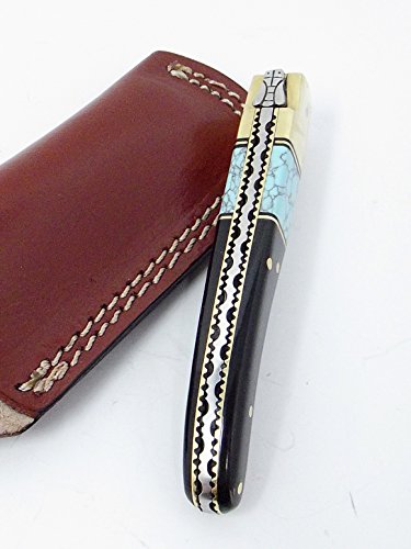 Made in Ancient Persian Indus Valley Damascus Knives Laguiole Style Pocket Knife Ram Horn & Turquoise Handle With Leather Sheath