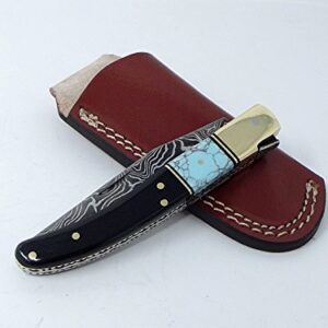 Made in Ancient Persian Indus Valley Damascus Knives Laguiole Style Pocket Knife Ram Horn & Turquoise Handle With Leather Sheath