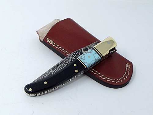 Made in Ancient Persian Indus Valley Damascus Knives Laguiole Style Pocket Knife Ram Horn & Turquoise Handle With Leather Sheath