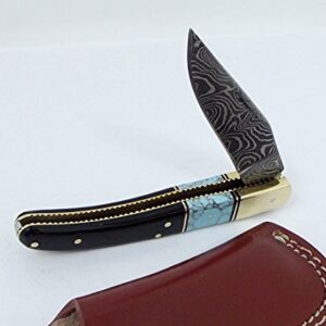 Made in Ancient Persian Indus Valley Damascus Knives Laguiole Style Pocket Knife Ram Horn & Turquoise Handle With Leather Sheath