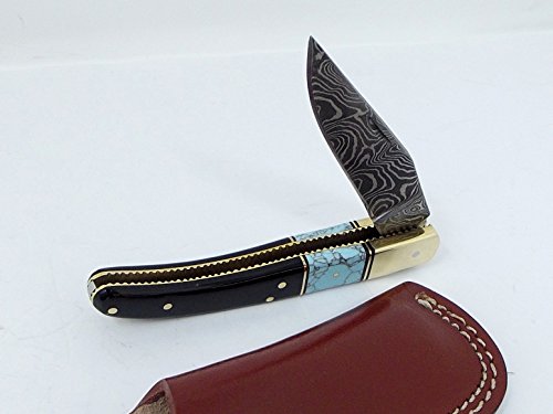 Made in Ancient Persian Indus Valley Damascus Knives Laguiole Style Pocket Knife Ram Horn & Turquoise Handle With Leather Sheath